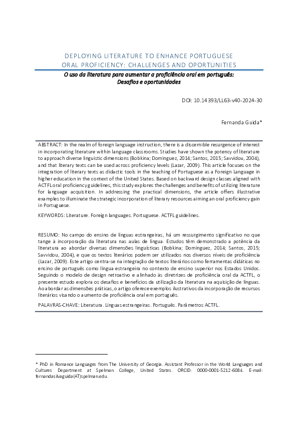 (PDF) DEPLOYING LITERATURE TO ENHANCE PORTUGUESE ORAL PROFICIENCY ...