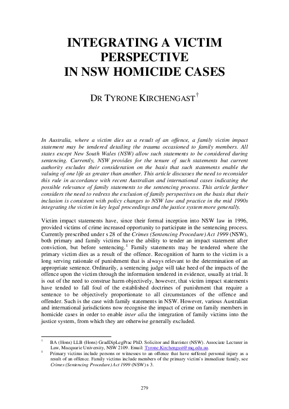 (PDF) Integrating a victim perspective in NSW homicide cases