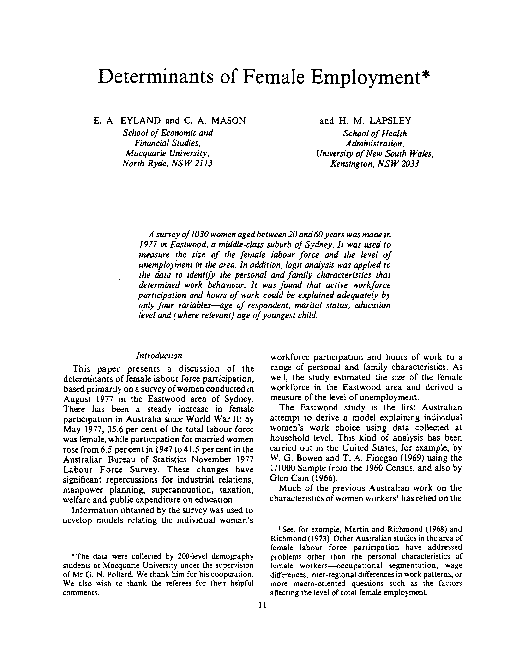 (PDF) Determinants of Female Employment | Helen Lapsley - Academia.edu