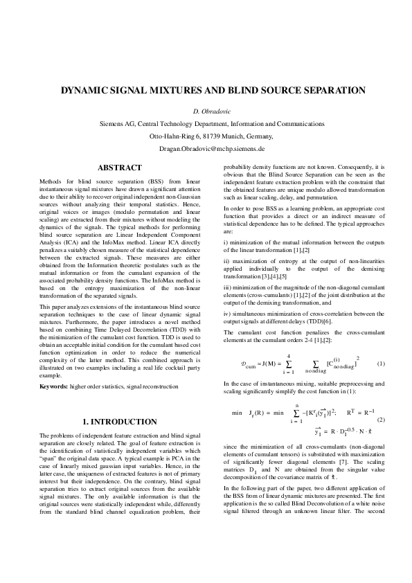 (PDF) Dynamic signal mixtures and blind source separation | Dragan Obradovic - Academia.edu