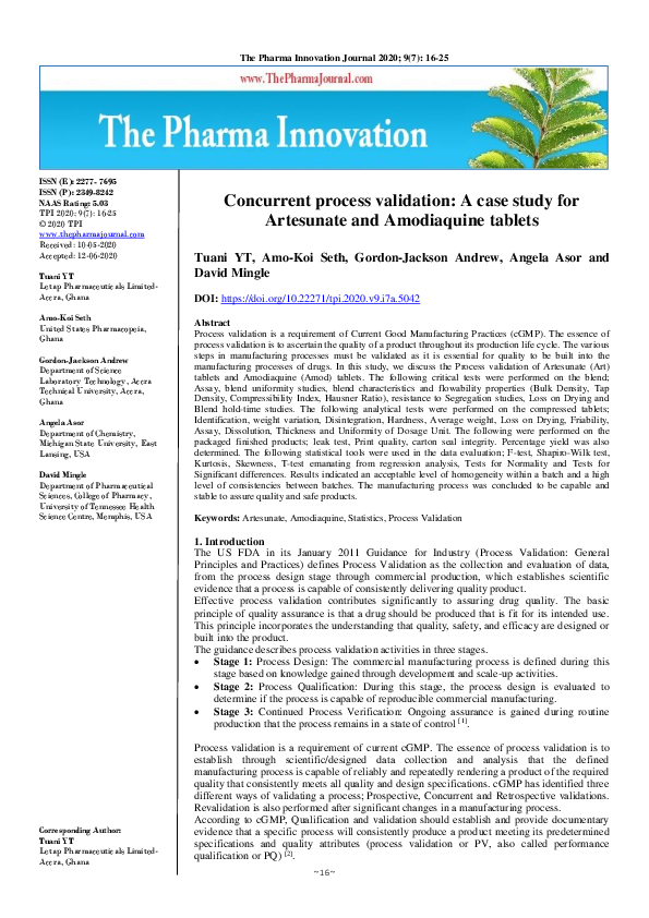 (PDF) Concurrent process validation: A case study for Artesunate and ...