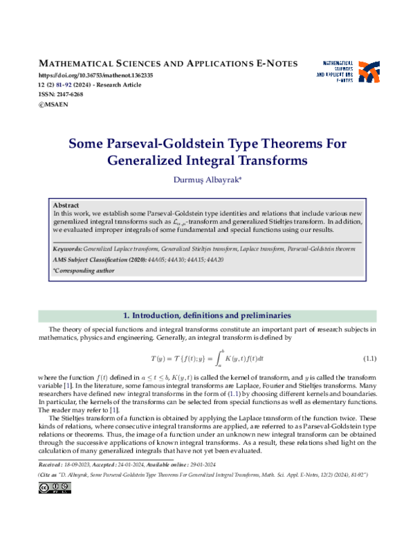 (PDF) Some Parseval-Goldstein Type Theorems For Generalized Integral Transforms