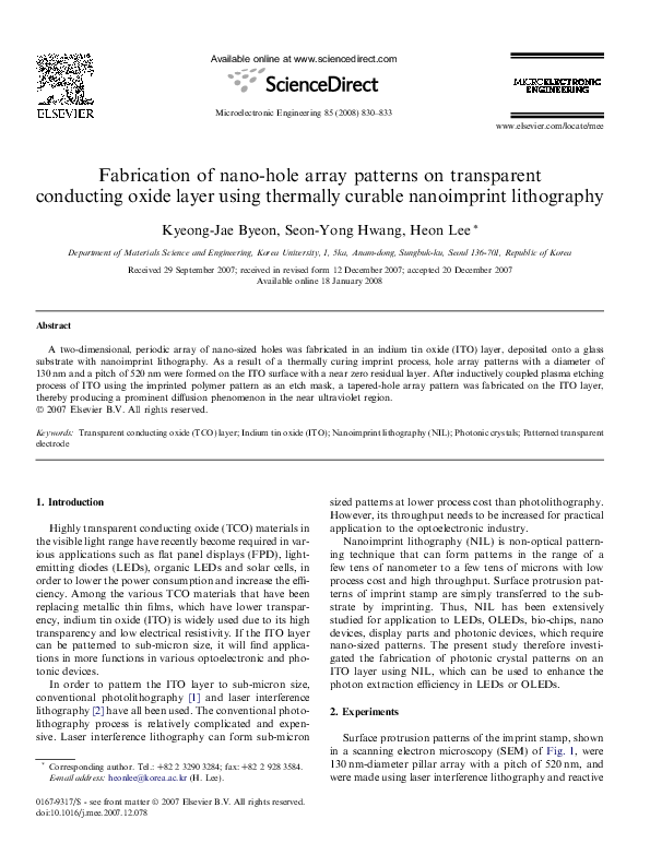 (PDF) Fabrication of nano-hole array patterns on transparent conducting ...