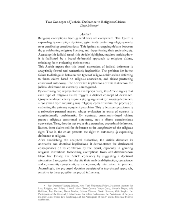 (PDF) Two Concepts of Judicial Deference to Religious Claims by Chagai ...