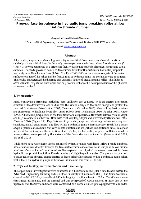 (PDF) Free-surface turbulence in hydraulic jump breaking roller at low ...