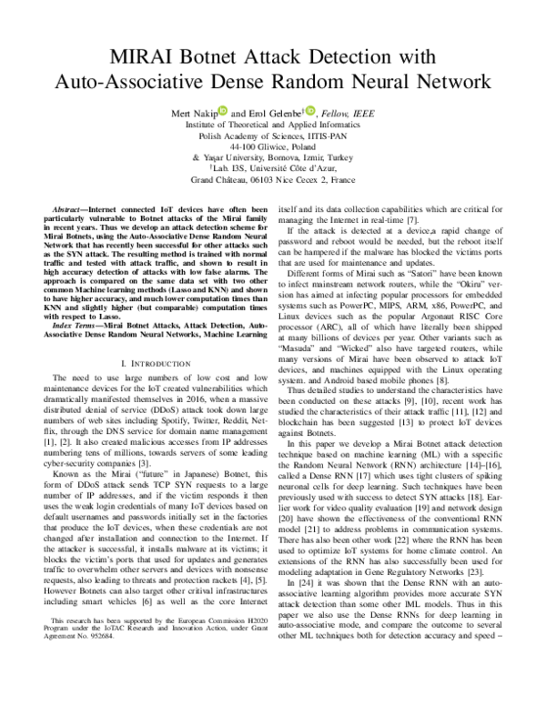 (PDF) MIRAI Botnet Attack Detection with Auto-Associative Dense Random ...