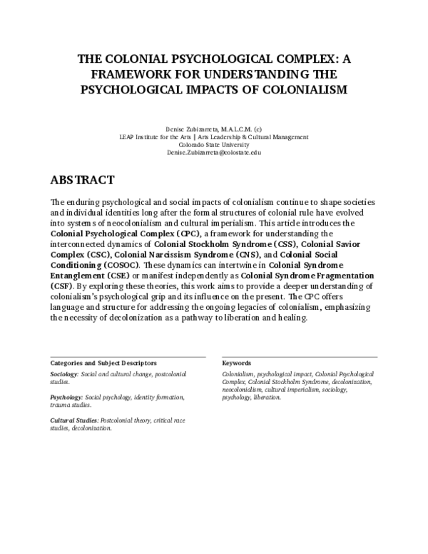 (PDF) The Colonial Psychological Complex: A Framework for Understanding ...