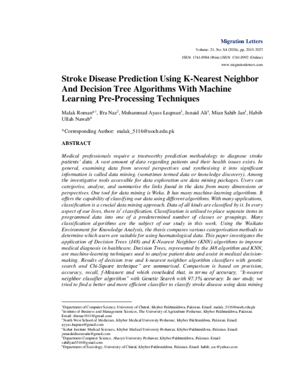 (PDF) Stroke Disease Prediction Using K-Nearest Neighbor And Decision ...