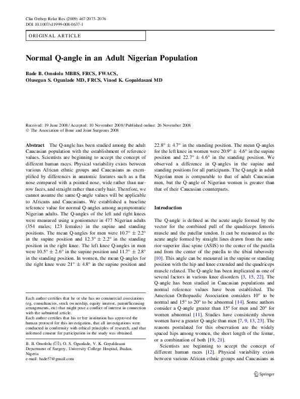 (PDF) Normal Q-angle in an Adult Nigerian Population