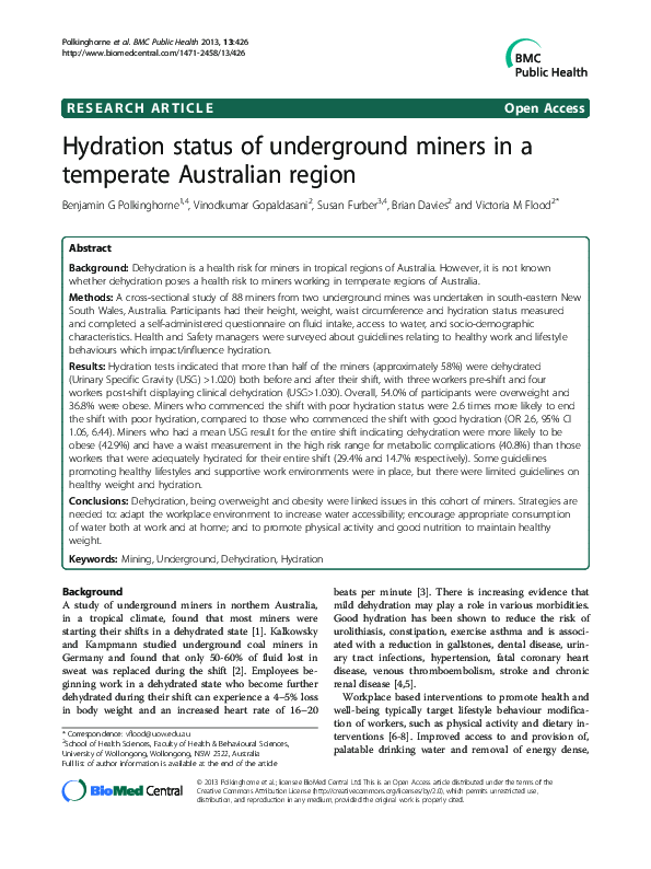 (PDF) Hydration status of underground miners in a temperate Australian ...