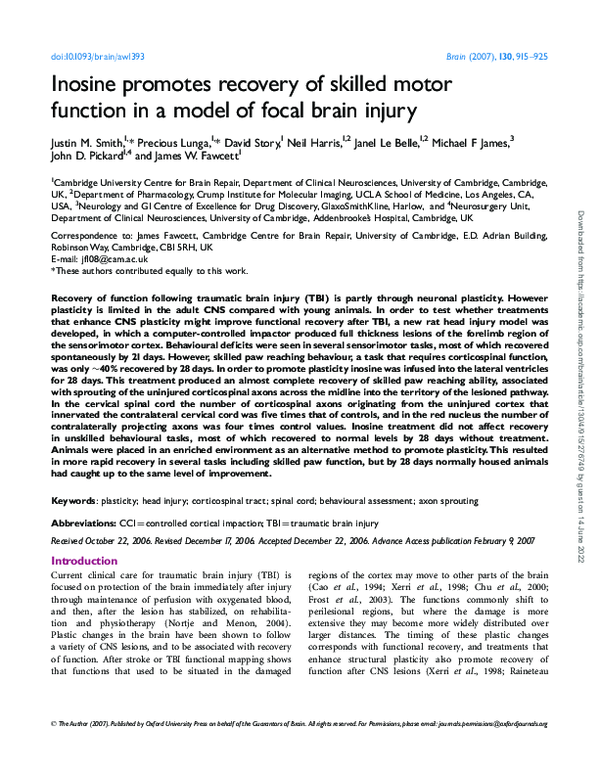 (PDF) Inosine promotes recovery of skilled motor function in a model of ...