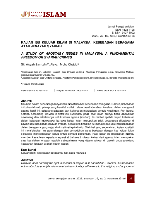 (PDF) Kajian Isu Keluar Islam di Malaysia: Kebebasan Beragama atau Jenayah Syariah