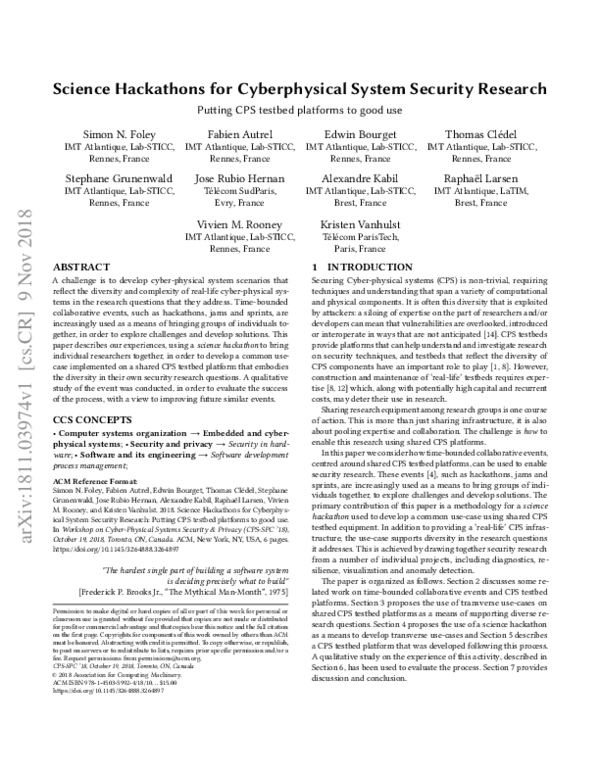 (PDF) Science Hackathons for Cyberphysical System Security Research