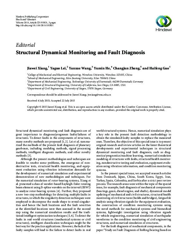 (PDF) Structural Dynamical Monitoring and Fault Diagnosis