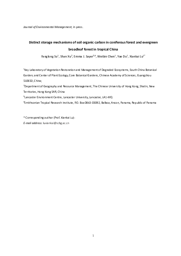 (PDF) Distinct storage mechanisms of soil organic carbon in coniferous ...