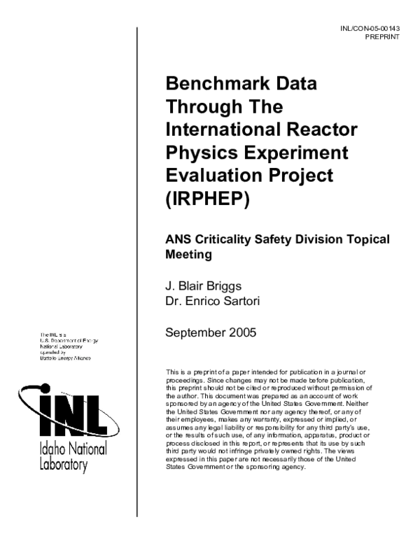 (PDF) Benchmark Data Through The International Reactor Physics Experiment Evaluation Project ...