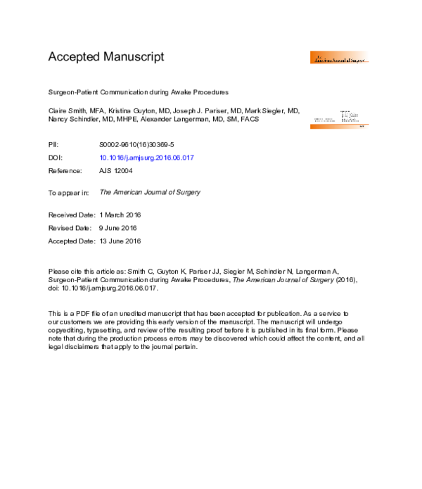 (PDF) Surgeon-patient communication during awake procedures | Joseph ...