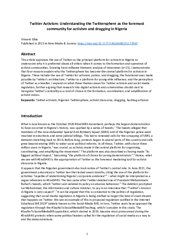 (PDF) Twitter activism: Understanding the Twittersphere as the foremost ...