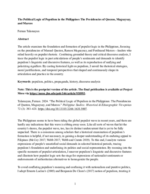 (PDF) The Political Logic of Populism in the Philippines: The ...