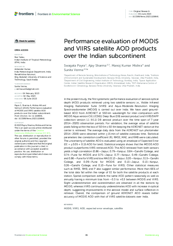 (PDF) Performance evaluation of MODIS and VIIRS satellite AOD products ...