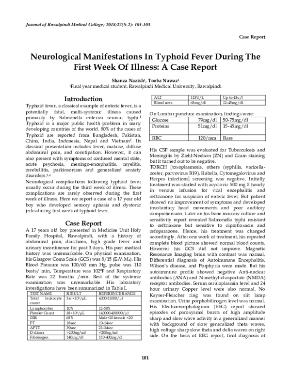 (PDF) Neurological Manifestations In Typhoid Fever During The First ...