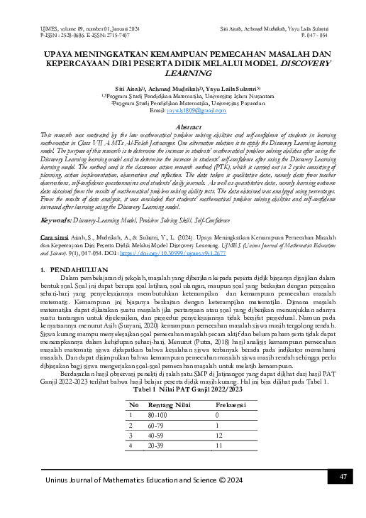 (PDF) Upaya Meningkatkan Kemampuan Pemecahan Masalah Dan Kepercayaan Diri Peserta Didik Melalui ...