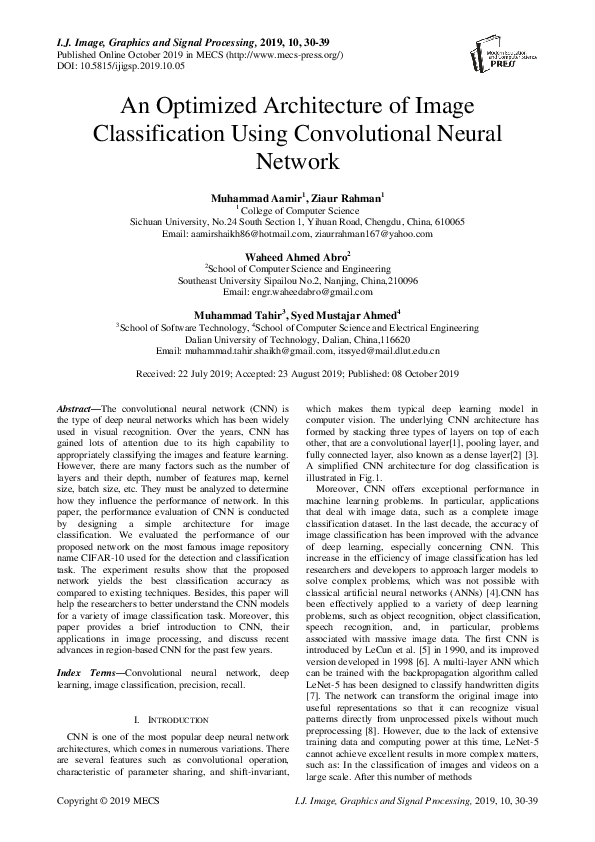 Pdf An Optimized Architecture Of Image Classification Using Convolutional Neural Network