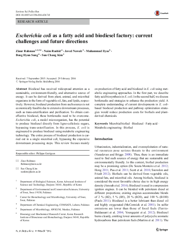 (PDF) Escherichia coli as a fatty acid and biodiesel factory: current challenges and future ...