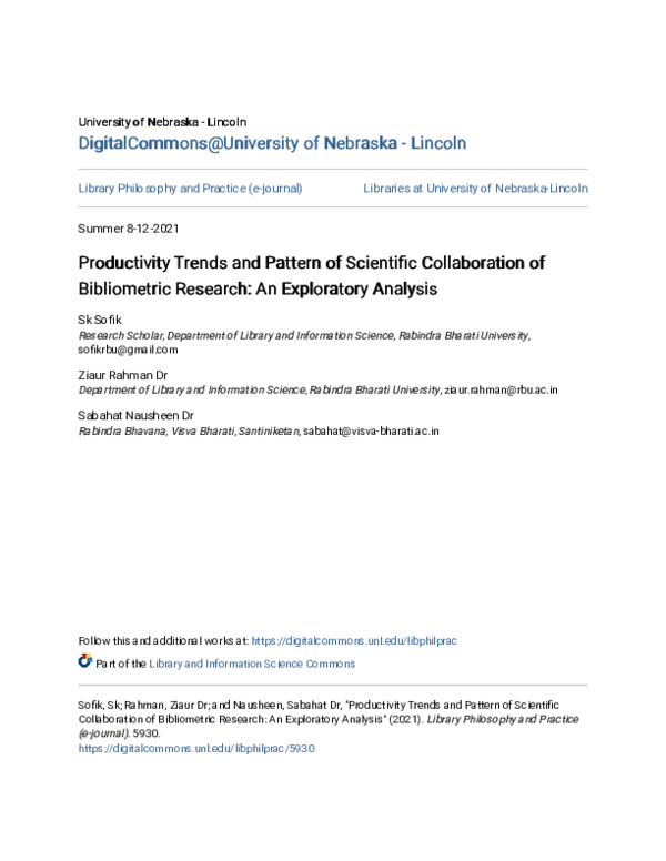 (PDF) Productivity Trends and Pattern of Scientific Collaboration of Bibliometric Research: An ...