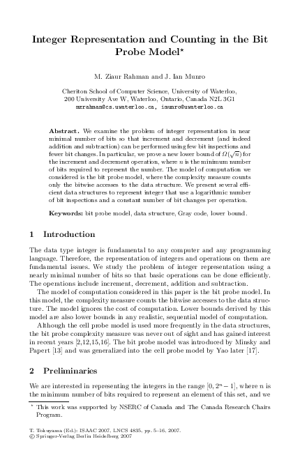 (PDF) Integer Representation and Counting in the Bit Probe Model