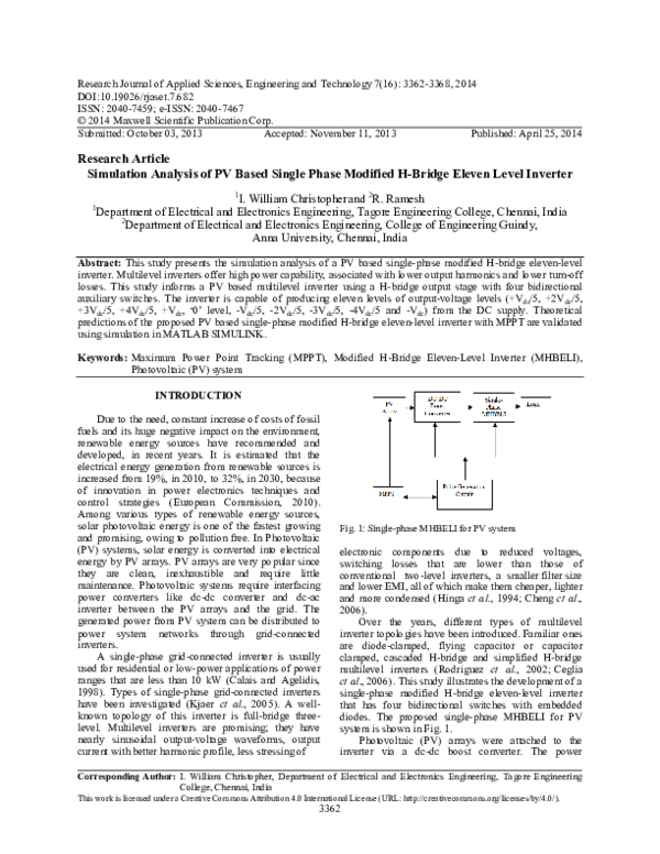 (PDF) Simulation Analysis of PV Based Single Phase Modified H-Bridge Eleven Level Inverter