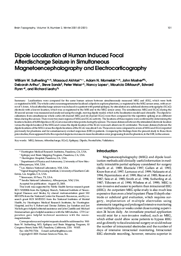 (PDF) Dipole Localization of Human Induced Focal Afterdischarge Seizure in Simultaneous ...