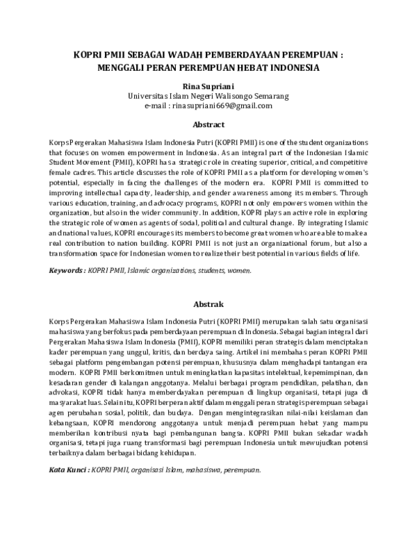 (PDF) KOPRI PMII SEBAGAI WADAH PEMBERDAYAAN PEREMPUAN : MENGGALI PERAN ...