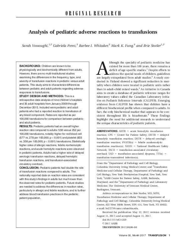 (PDF) Analysis of pediatric adverse reactions to transfusions