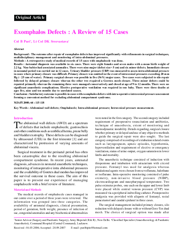 (PDF) Exomphalos Defects : A Review of 15 Cases