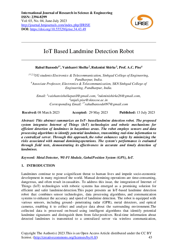 (PDF) IoT Based Landmine Detection Robot