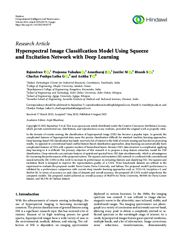 (PDF) Hyperspectral Image Classification Model Using Squeeze and Excitation Network with Deep ...