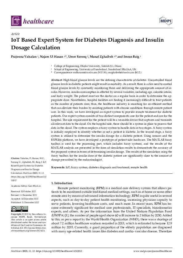 (PDF) IoT Based Expert System for Diabetes Diagnosis and Insulin Dosage ...