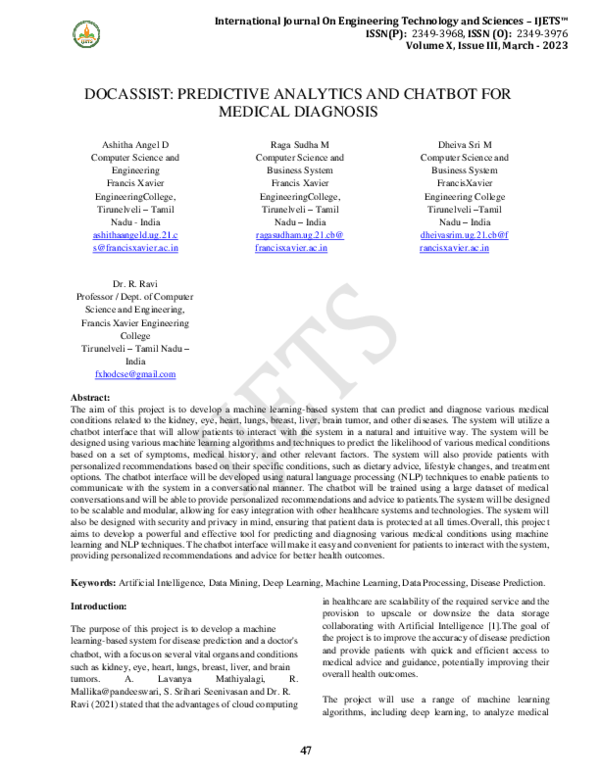 (PDF) DOCASSIST: PREDICTIVE ANALYTICS AND CHATBOT FOR MEDICAL DIAGNOSIS