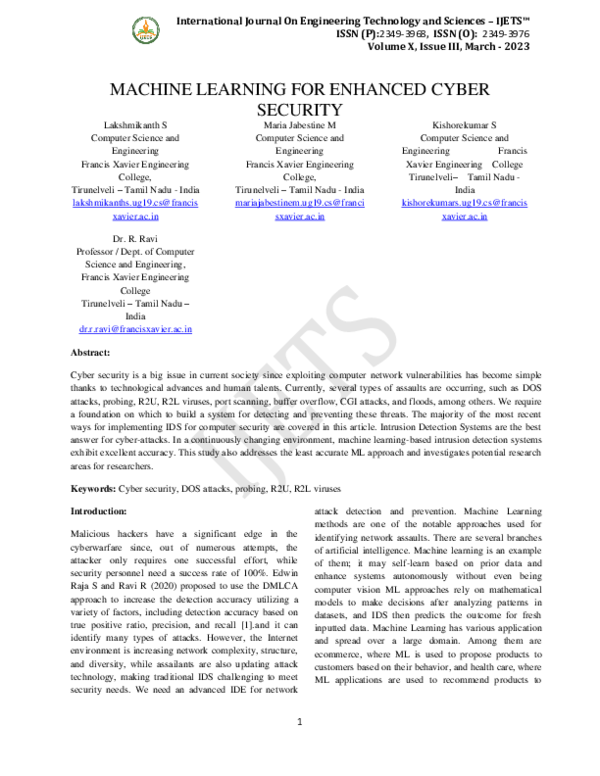 (PDF) MACHINE LEARNING FOR ENHANCED CYBER SECURITY