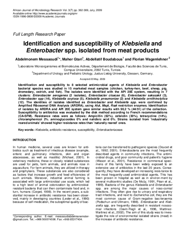 (PDF) Identification and susceptibility of Klebsiella and Enterobacter ...