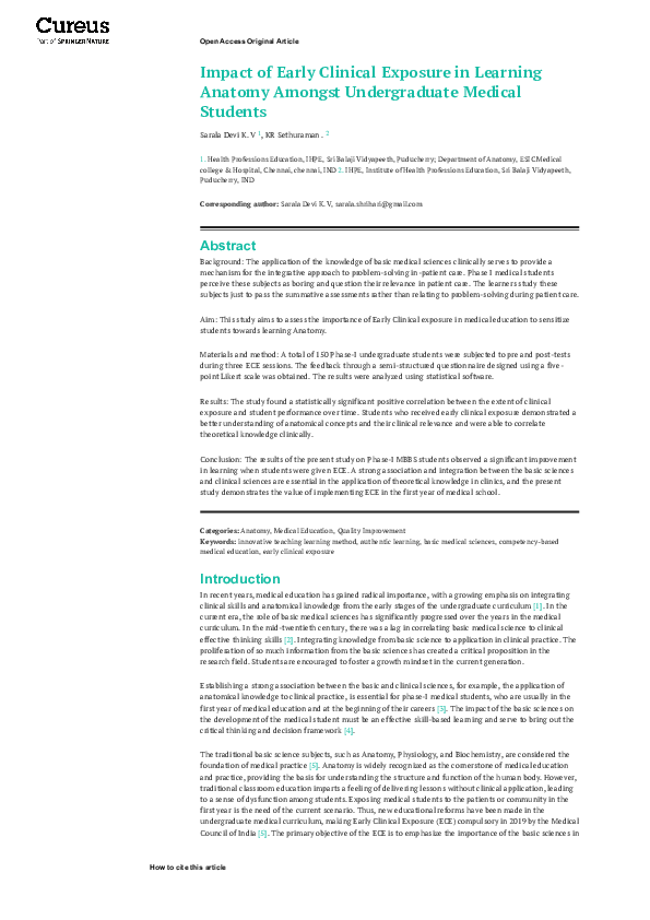 (PDF) Impact of Early Clinical Exposure in Learning Anatomy Amongst ...