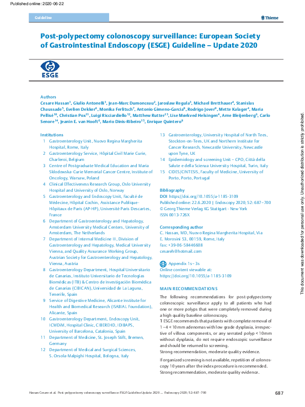 (PDF) Post-polypectomy colonoscopy surveillance: European Society of ...