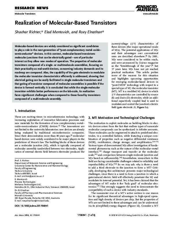 (PDF) Realization of Molecular‐Based Transistors | Shachar Richter ...