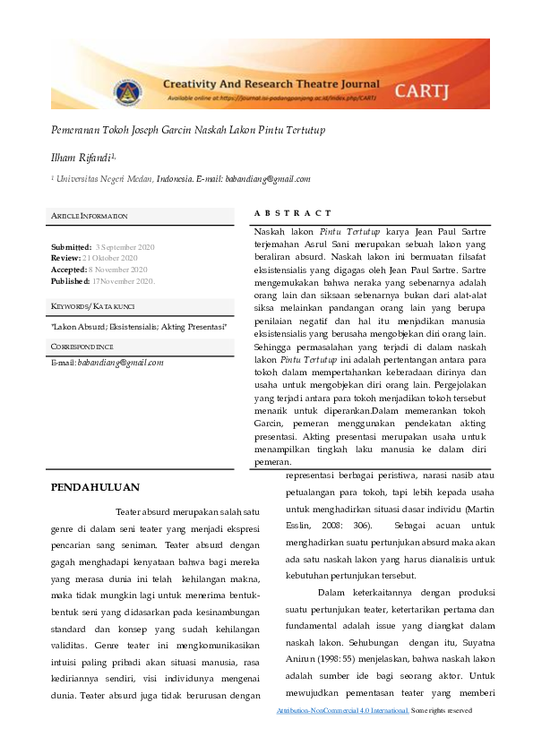 (PDF) Pemeranan Tokoh Joseph Garcin Naskah Lakon Pintu Tertutup | ILHAM ...