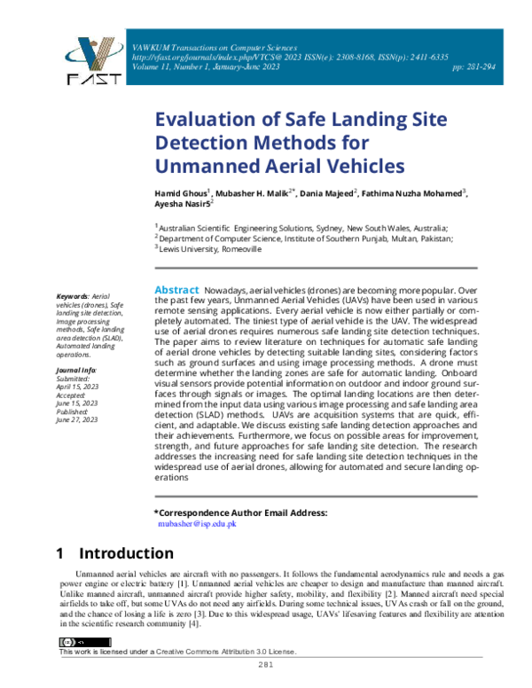(PDF) Evaluation of Safe Landing Site Detection Methods for Unmanned Aerial Vehicles | Dania ...