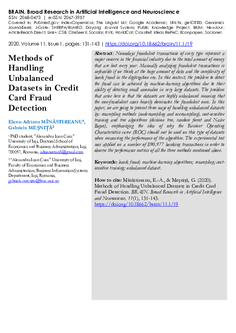 (PDF) Methods of Handling Unbalanced Datasets in Credit Card Fraud Detection