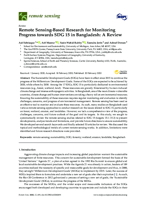 (PDF) Remote Sensing-Based Research for Monitoring Progress towards SDG 15 in Bangladesh: A Review