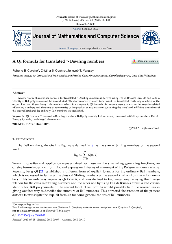 (PDF) A Qi formula for translated r-Dowling numbers