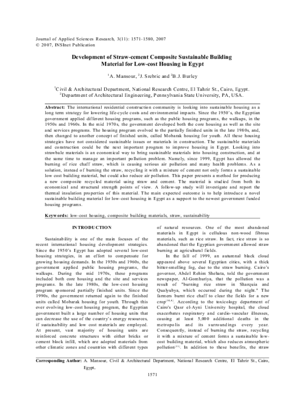 (PDF) Development of Straw-cement Composite Sustainable Building Material for Low-cost Housing ...